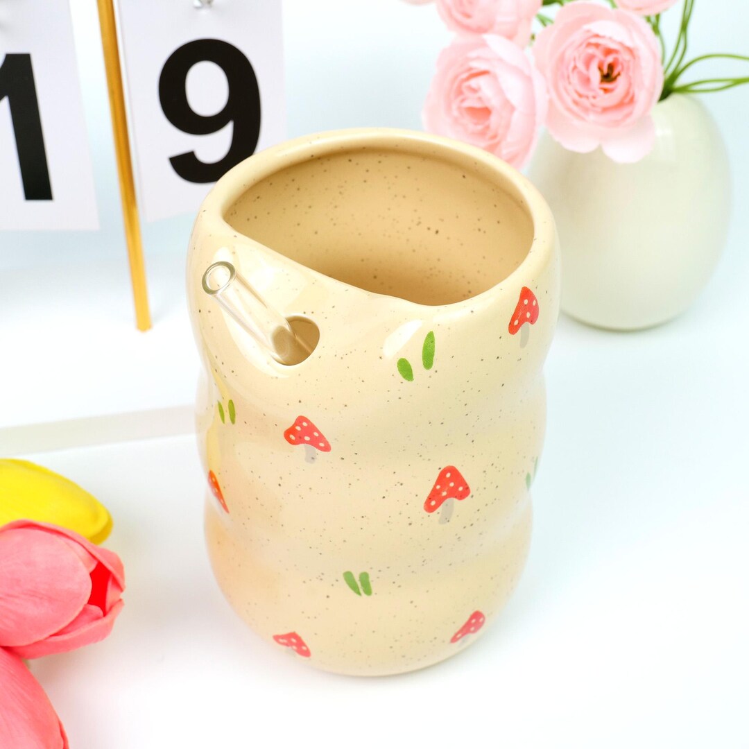 Ceramic Nature Mug With Glass Straw | Maple Leaf and Red Mushroom Mug ...