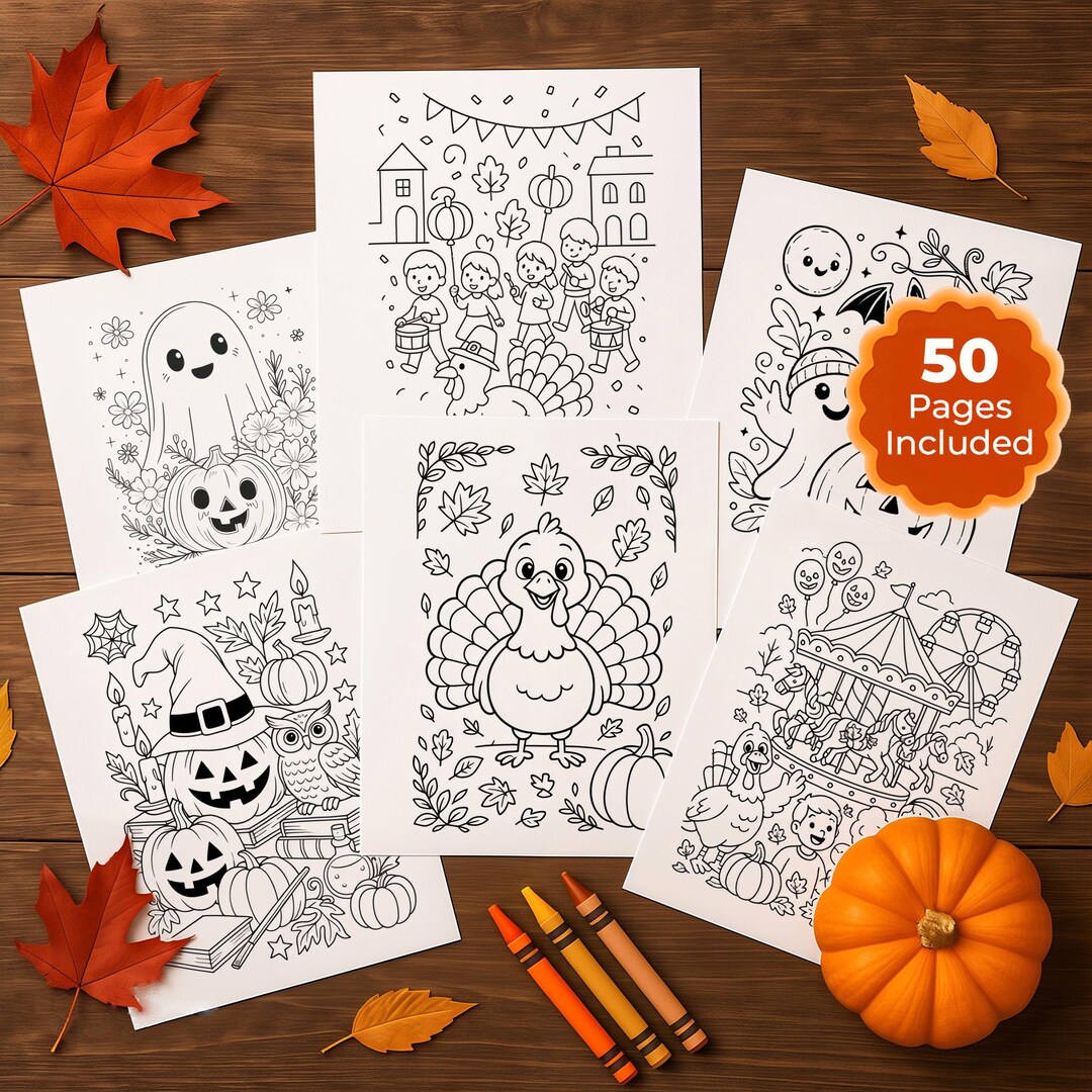 Halloween Thanksgiving Coloring Pages: 50 Designs, Kids & Adults (PDF ...