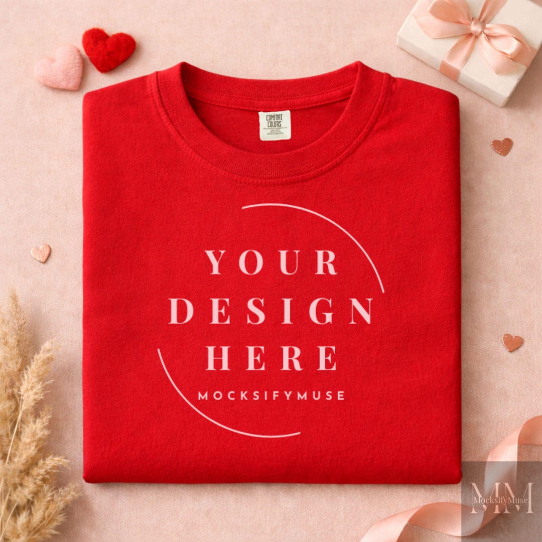 Red Comfort Colors 1717 T-shirt Mockup: Valentines Flatlay Digital ...