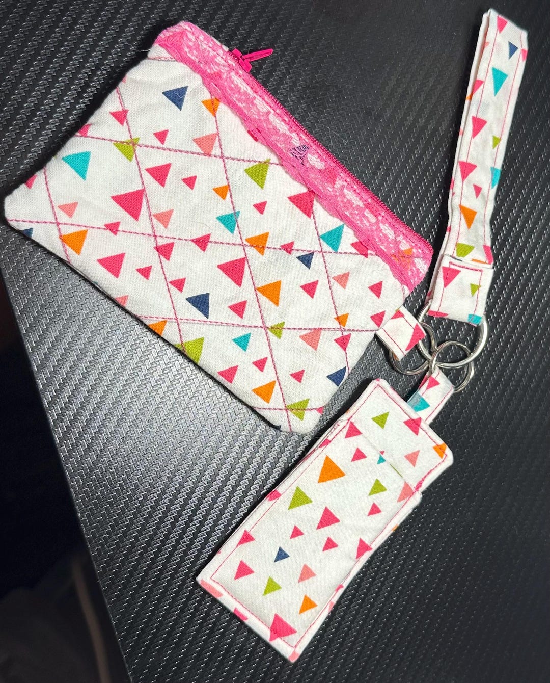Pink Triangles With Lace Keychain Wallet, Lip Balm Holder, Wristlet Set ...