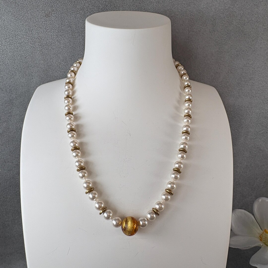 Swar006-swarovski Knotted Pearl Necklace With Gold Plated Beads ...