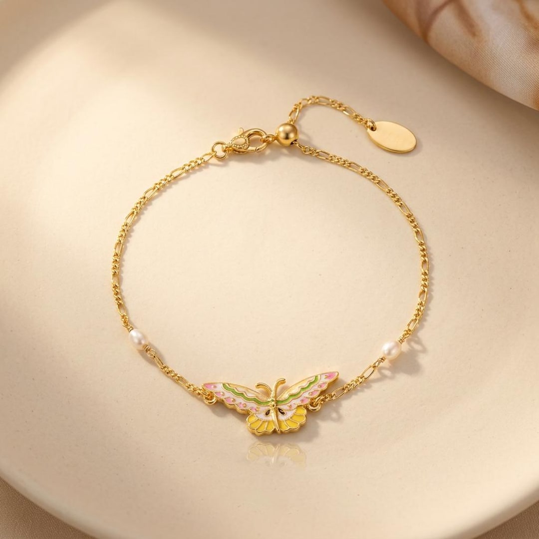 Bracelet With Hand Painted Enamel Butterfly Charm, Delicate Shell Pearl ...