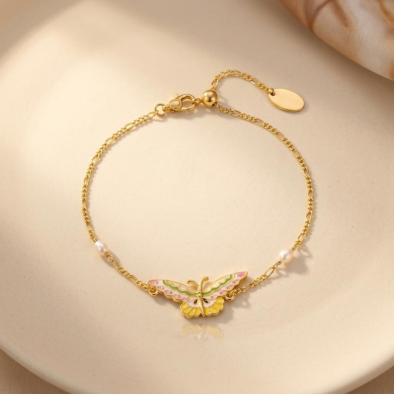 Bracelet With Hand Painted Enamel Butterfly Charm, Delicate Shell Pearl ...