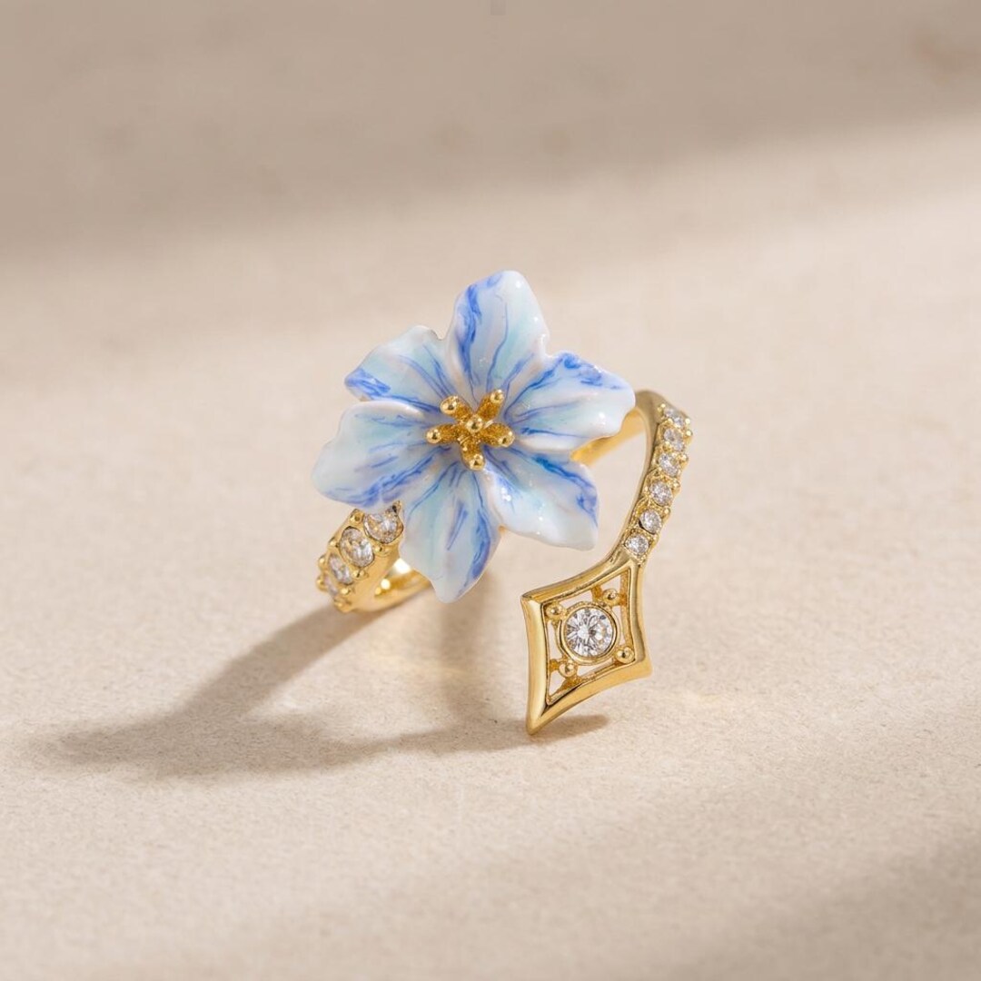 Hand Painted Enamel Blue Flower Wrap Ring, Something Blue for Bride ...