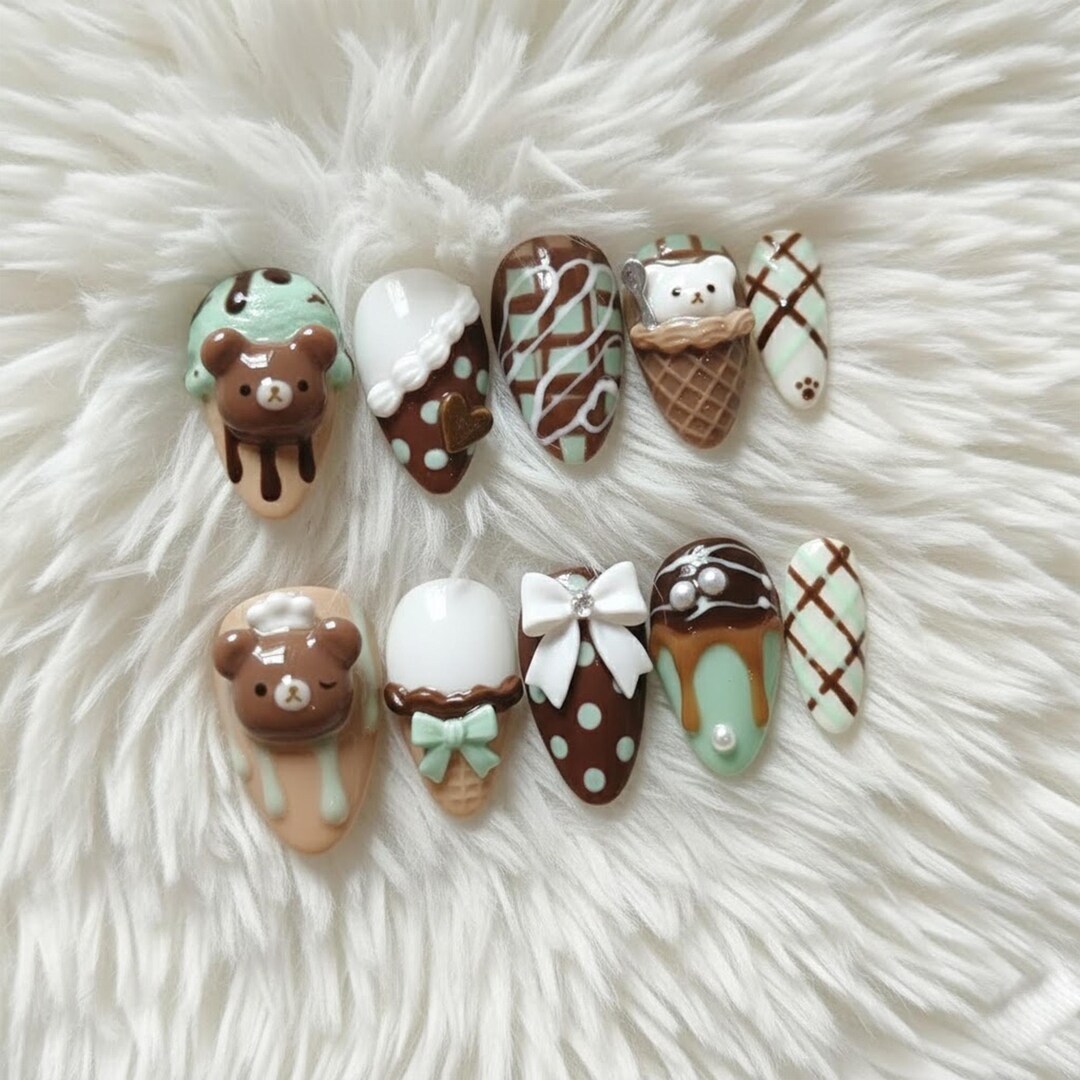 Kawaii Mint Choco Bear Press on Nails: 3D Ice Cream & Dessert Charms - Etsy
