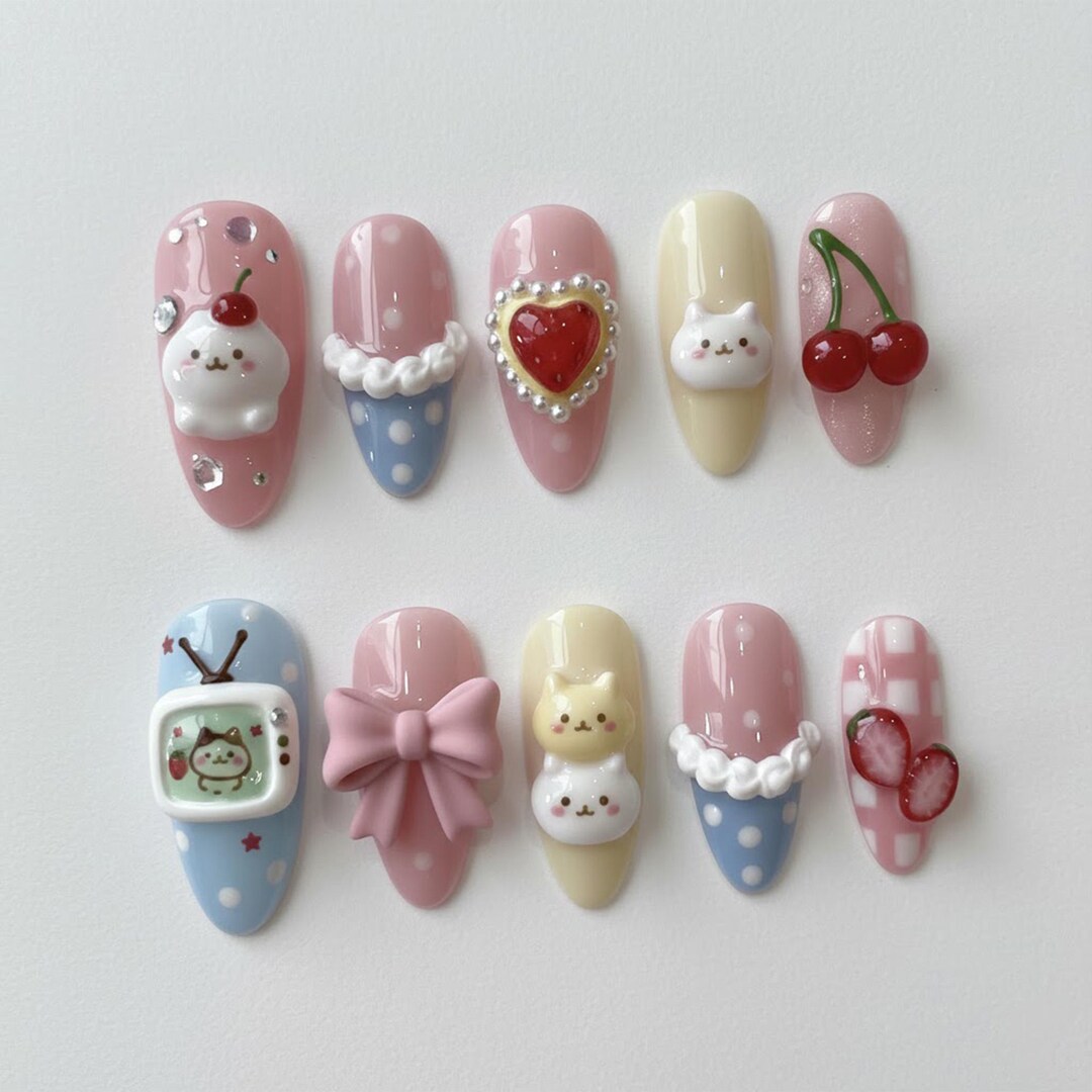 Handmade Kawaii Chikawa Press on Nails, Cat Nails, 3D Heart Cherry ...