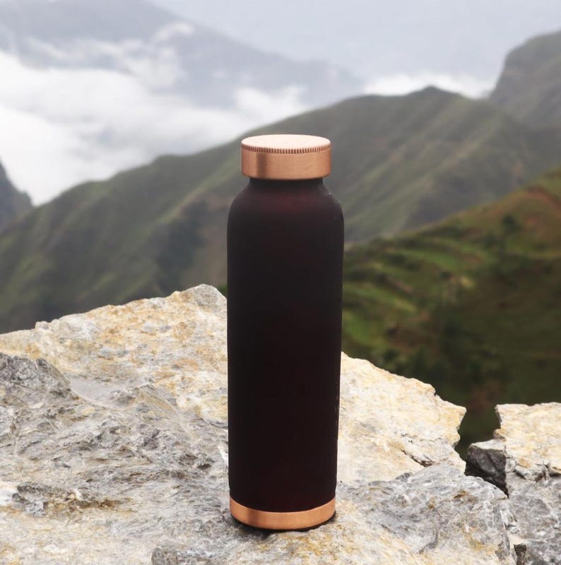 Matte Black Copper Water Bottle With Copper Straw & Lid | Ayurvedic ...
