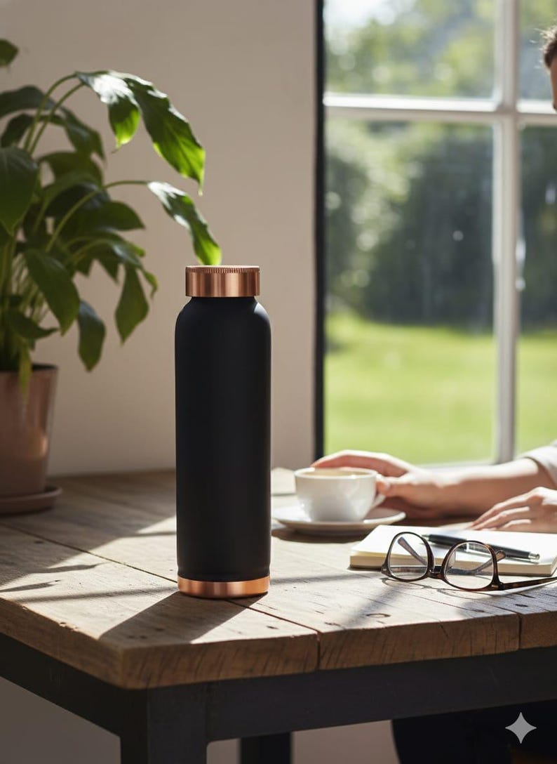 Matte Black Copper Water Bottle With Copper Straw & Lid | Ayurvedic ...