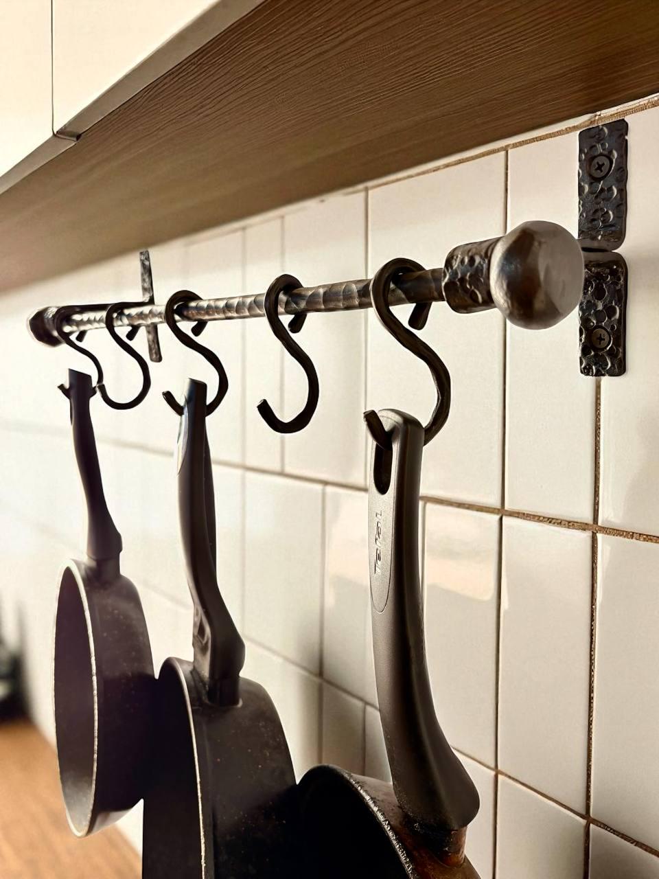 Handmade Wrought Iron Kitchen Rack With Hooks,rustic Wall Shelf, Unique ...
