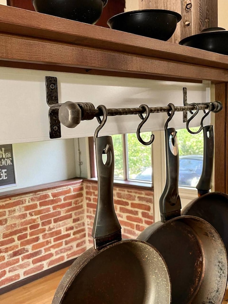 Handmade Wrought Iron Kitchen Rack With Hooks,rustic Wall Shelf, Unique ...