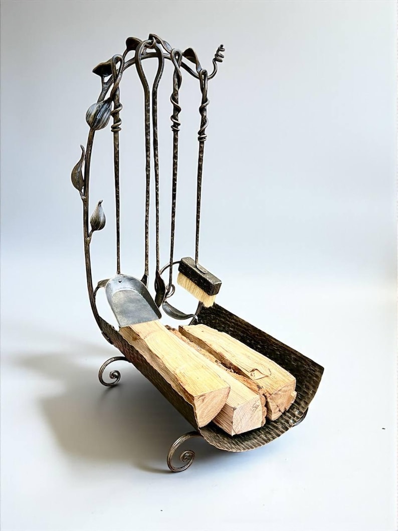 Rustic Forged Fireplace Set,hand-forged Iron Log Holder With Tools ...