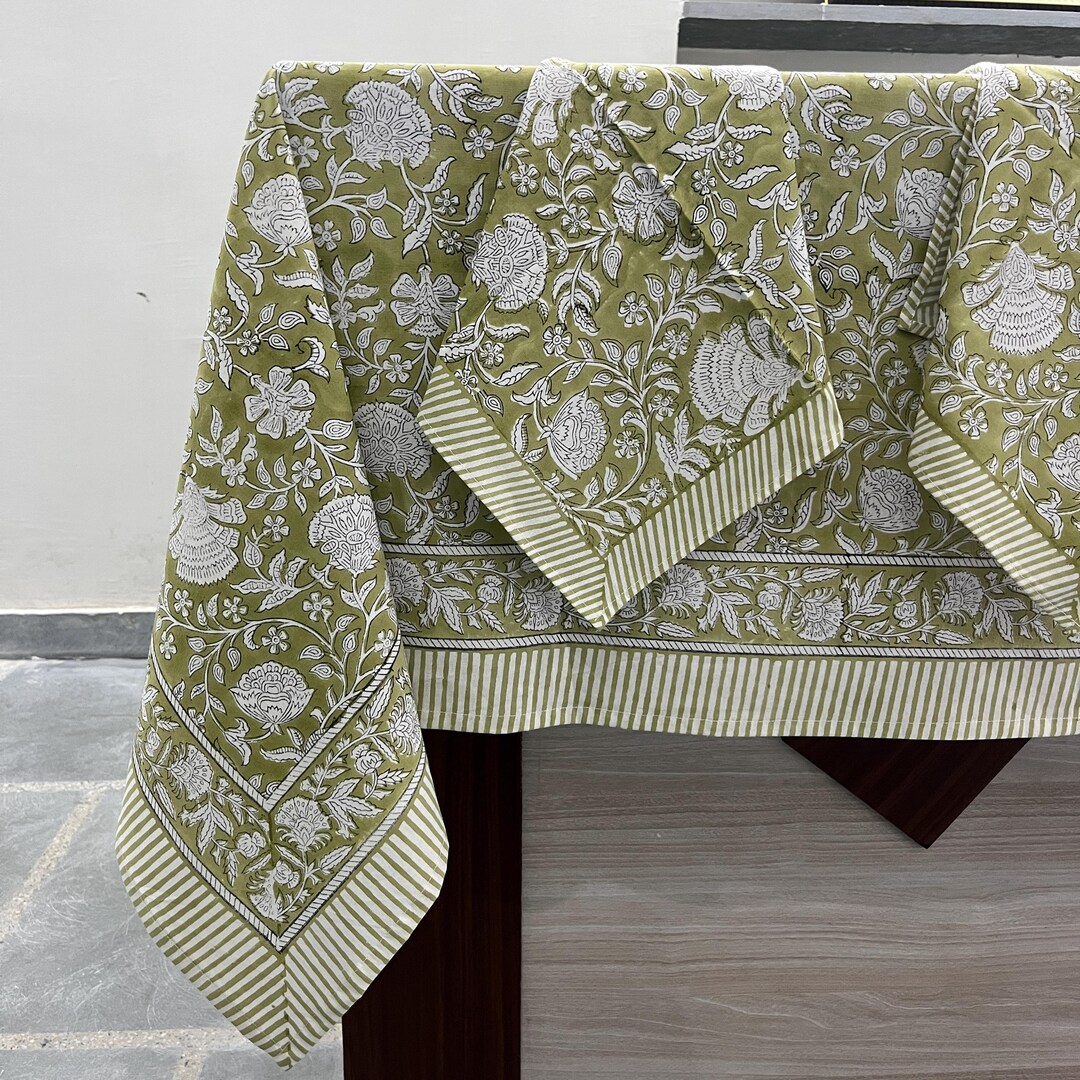 Hand Block Print Tablecloth - Green Floral Cotton Table Cover ...