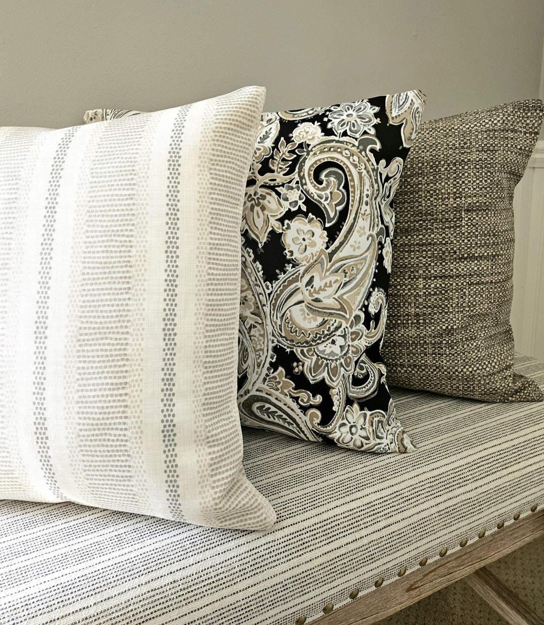 OUTDOOR Pillows Tan Grey Black Covers Cottage Sunporch Deck Patio Porch ...
