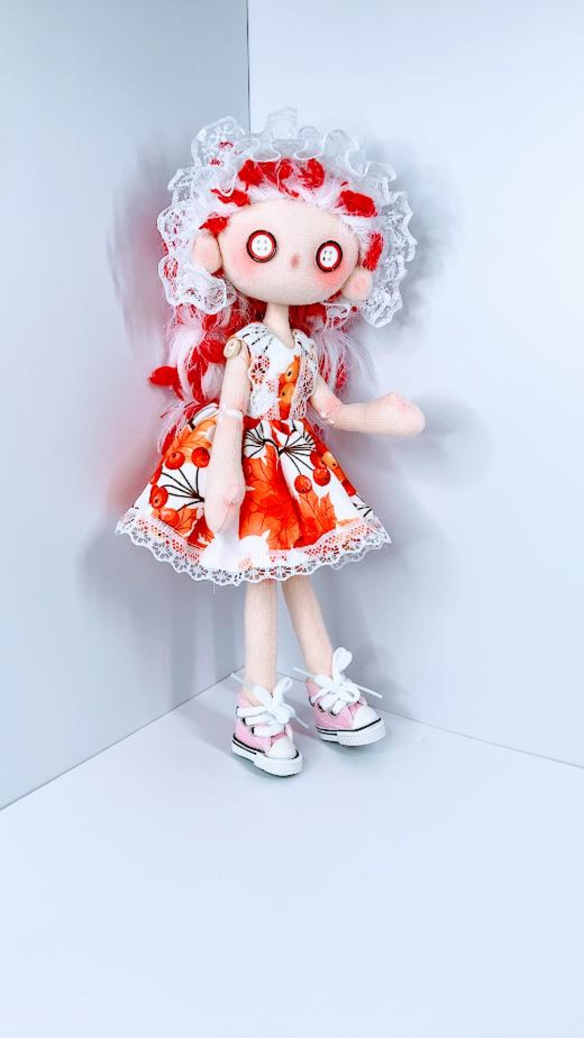 Handmade Button Eye Cloth Doll White Lace Dress With Floral Print. - Etsy