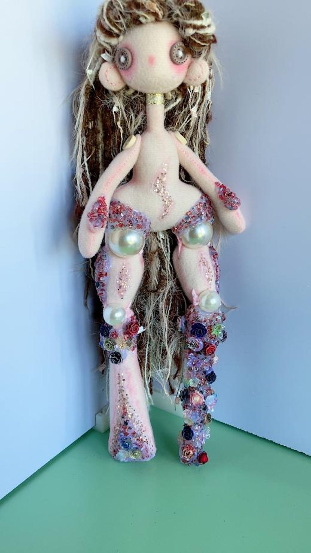 A Handmade Pink Button-eye Doll. Wearing a Pink. Lace Printed Skirt. - Etsy