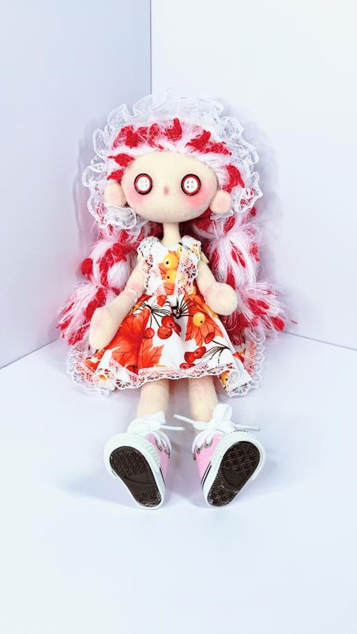 Handmade Button Eye Cloth Doll White Lace Dress With Floral Print. - Etsy