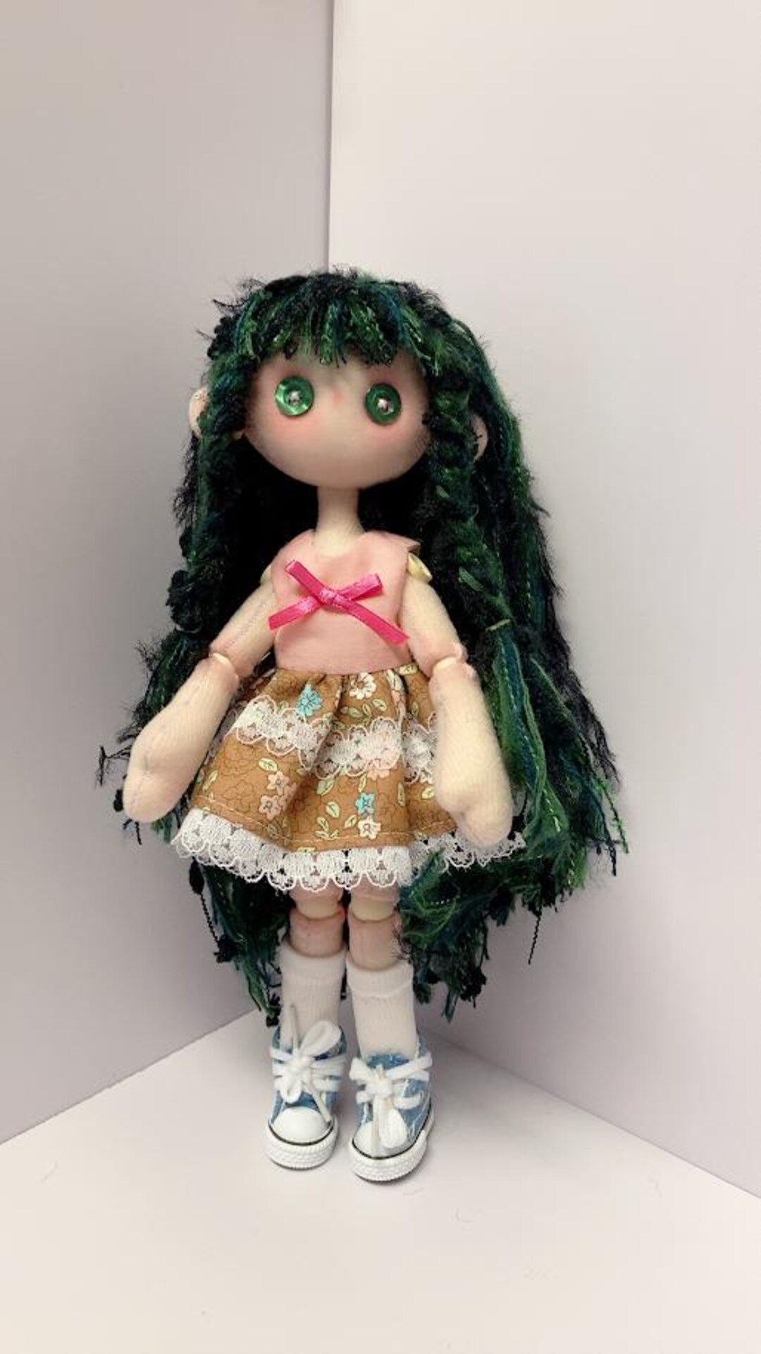 Handmade Button-eye Doll With Green Hair, Floral Lace Dress – 26cm Tall ...