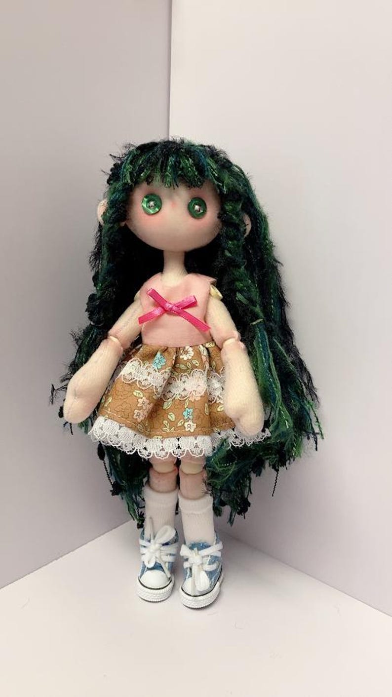 Handmade Button-eye Doll With Green Hair, Floral Lace Dress – 26cm Tall ...