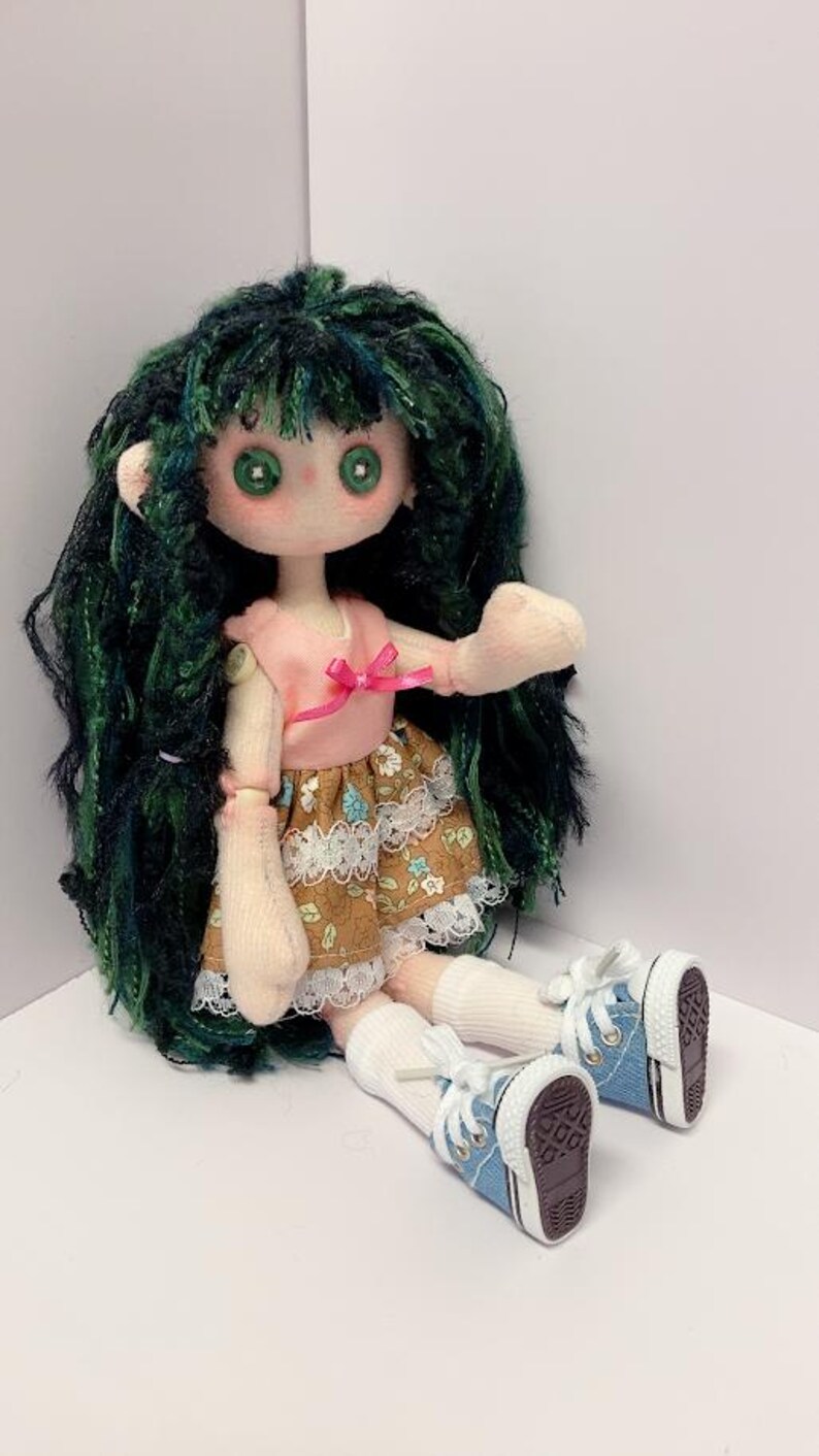 Handmade Button-eye Doll With Green Hair, Floral Lace Dress – 26cm Tall ...