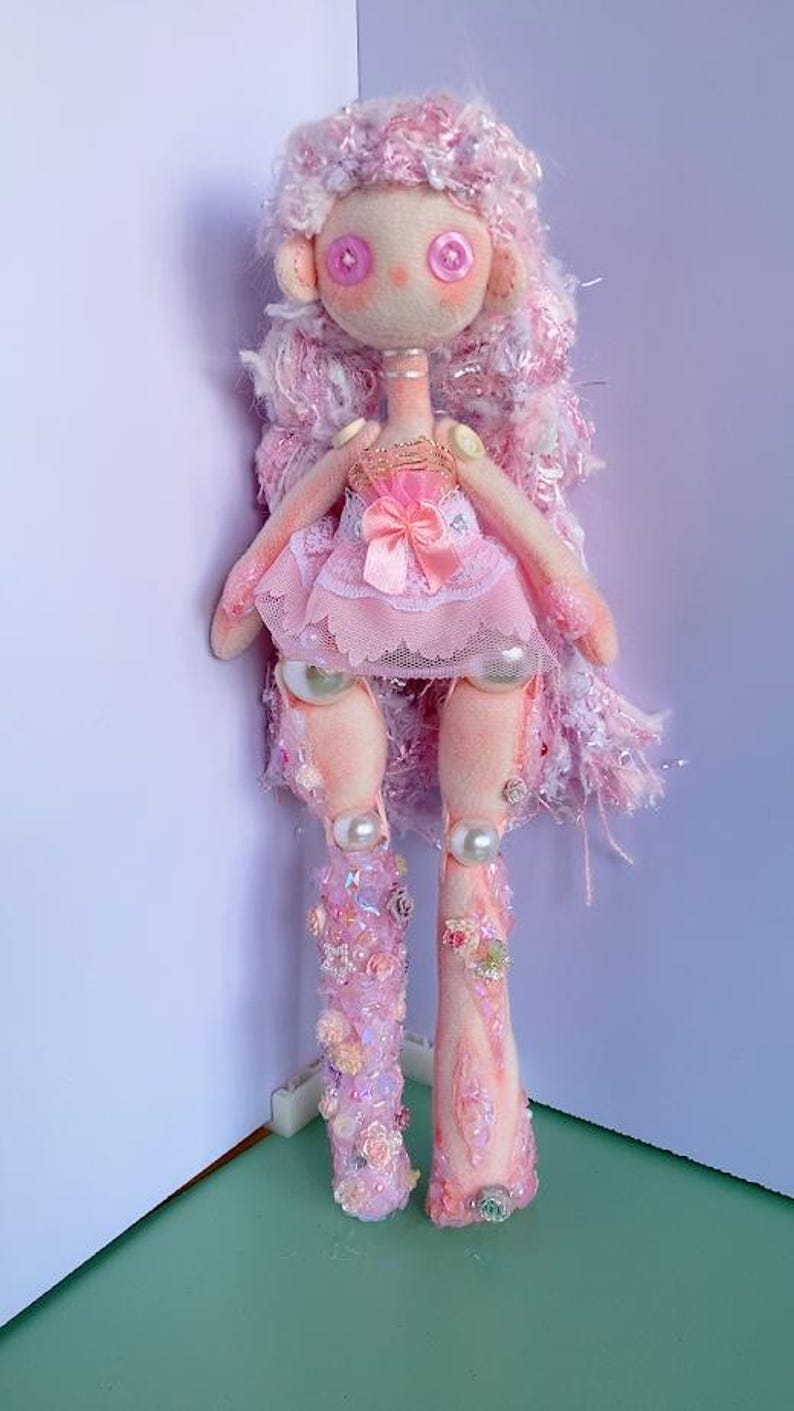 A Handmade Pink Button-eye Doll. Wearing a Pink. Lace Printed Skirt. - Etsy