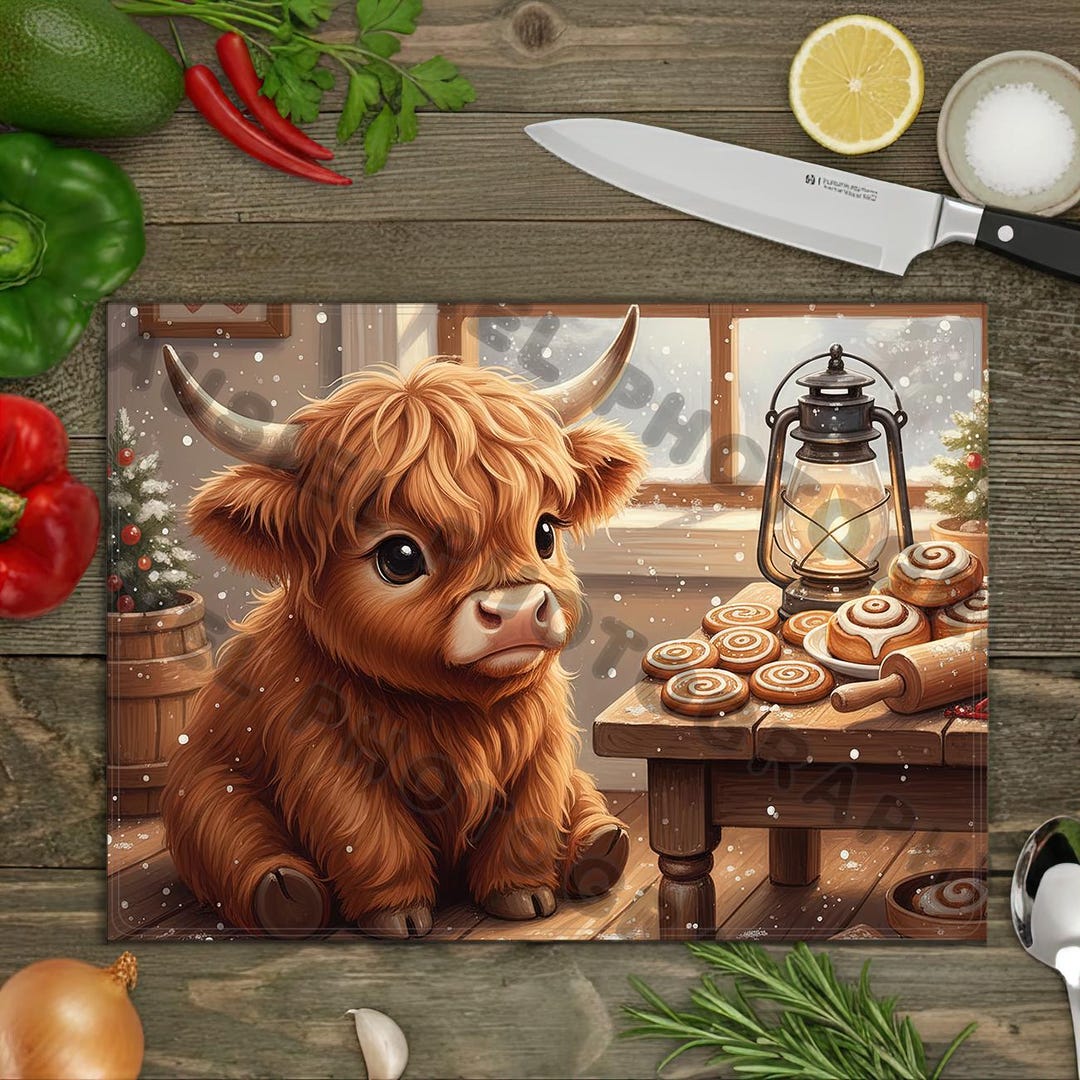 Christmas Highland Cow Cutting Board PNG – Cute Winter Cow & Cinnamon ...
