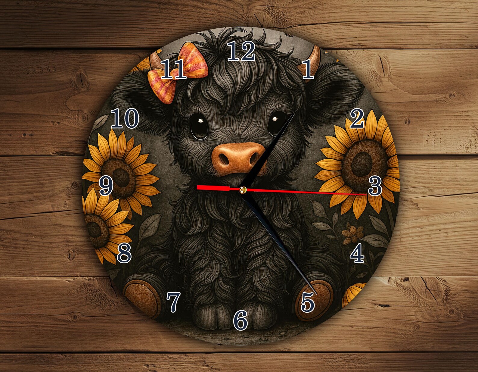 Highland Cow Wall Clock PNG – Sunflower Farm Clock Face – Cute Baby Cow ...