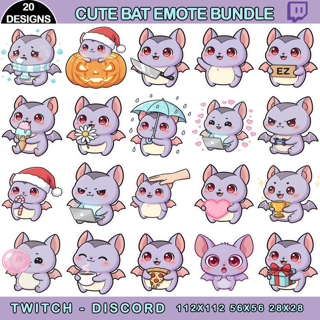 Cute Bat Emote Bundle | 20 Twitch & Discord Emotes | Kawaii Streaming ...