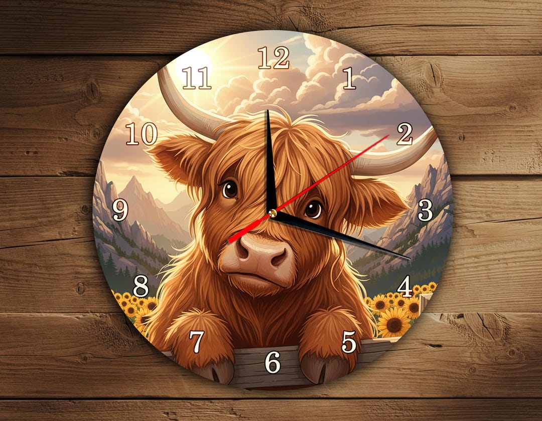 Cute Highland Cow Wall Clock Design – Farm Animal Clock Face PNG – With ...