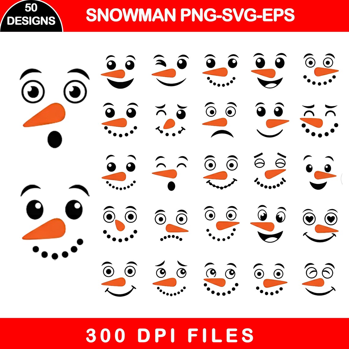 50 Snowman Face Bundle | PNG SVG EPS Christmas Clipart | Cute Winter ...