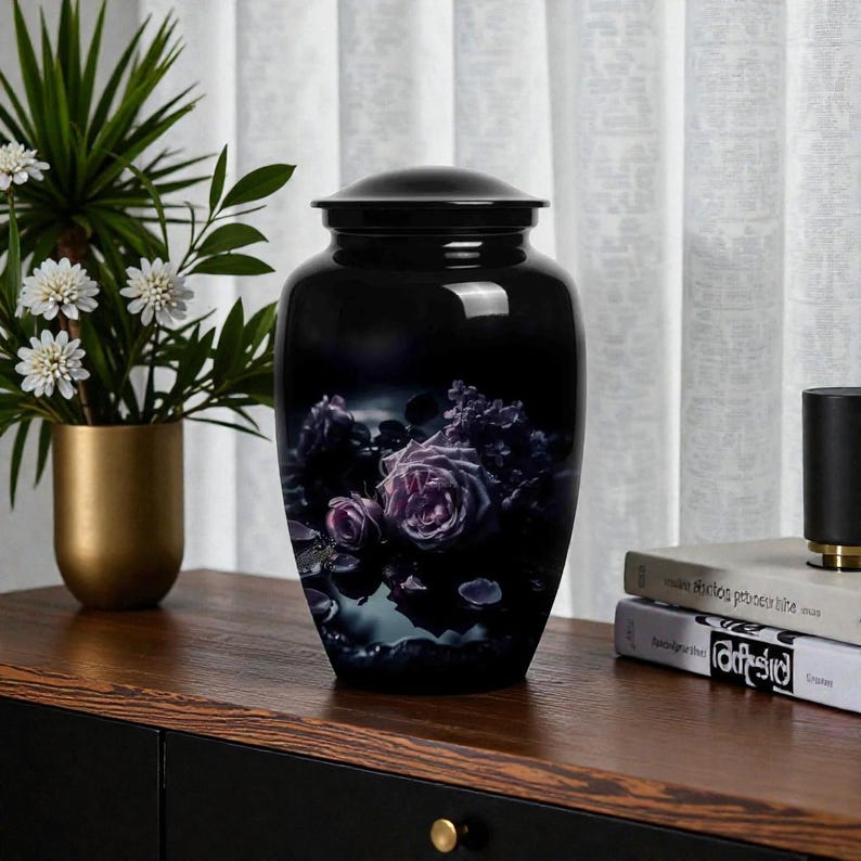 Purple Rose Cremation Urn, Black Floral Memorial Urn, Dark Rose Urn for ...