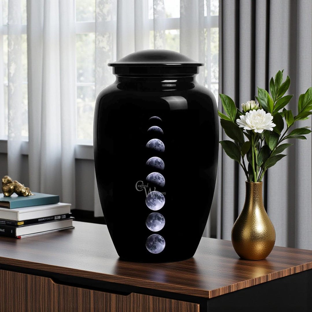 Moon Phase Cremation Urn, Lunar Urn for Ashes, Black Celestial Memorial ...