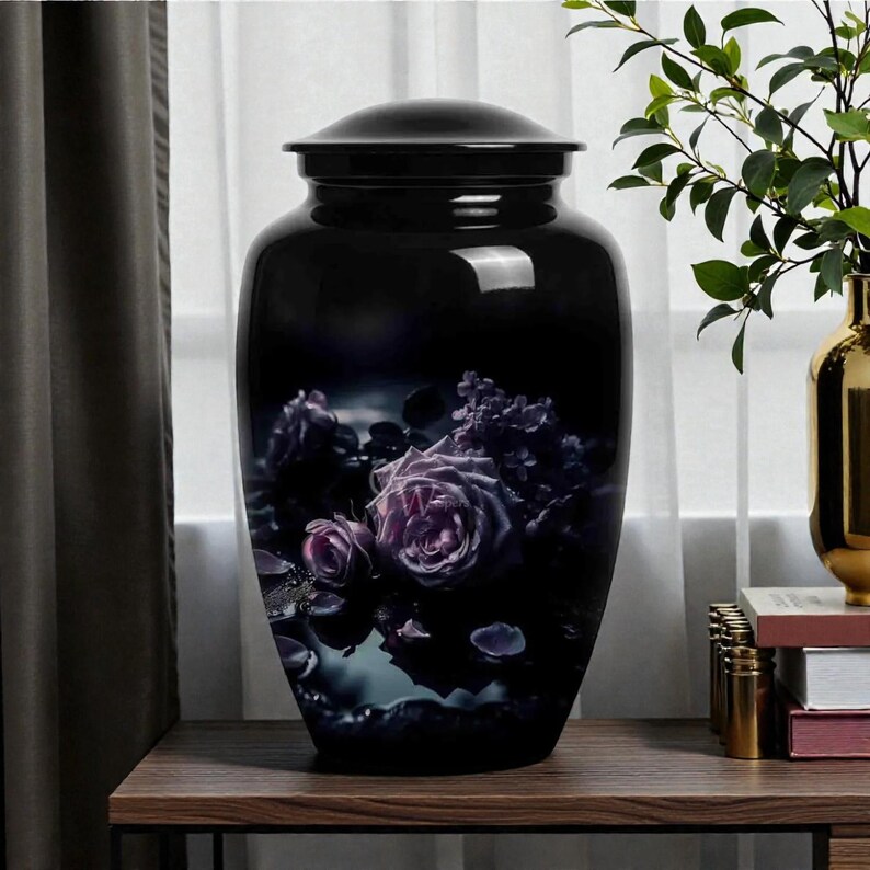 Purple Rose Cremation Urn, Black Floral Memorial Urn, Dark Rose Urn for ...