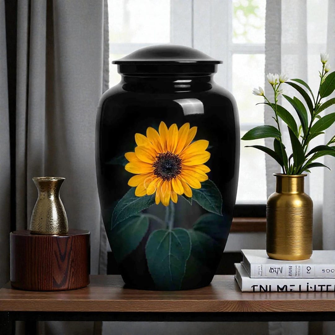 Sunflower Cremation Urn, Black Floral Memorial Urn, Sunflower Urn for ...