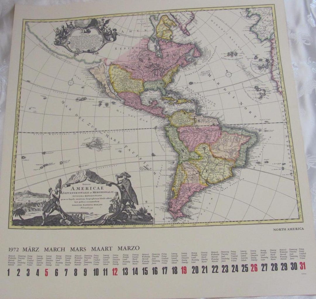 Vintage Cartographic Historical Map Calendar March 1972 // 17" X 18 ...
