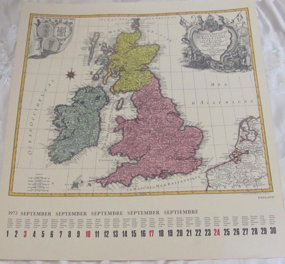 Vintage Cartographic Historical Map Calendar September 1972 // 17 X 18 ...