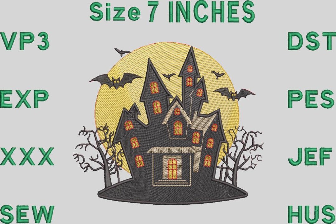 Spooky Haunted House Embroidery Design: Halloween Bat Motif (instant ...