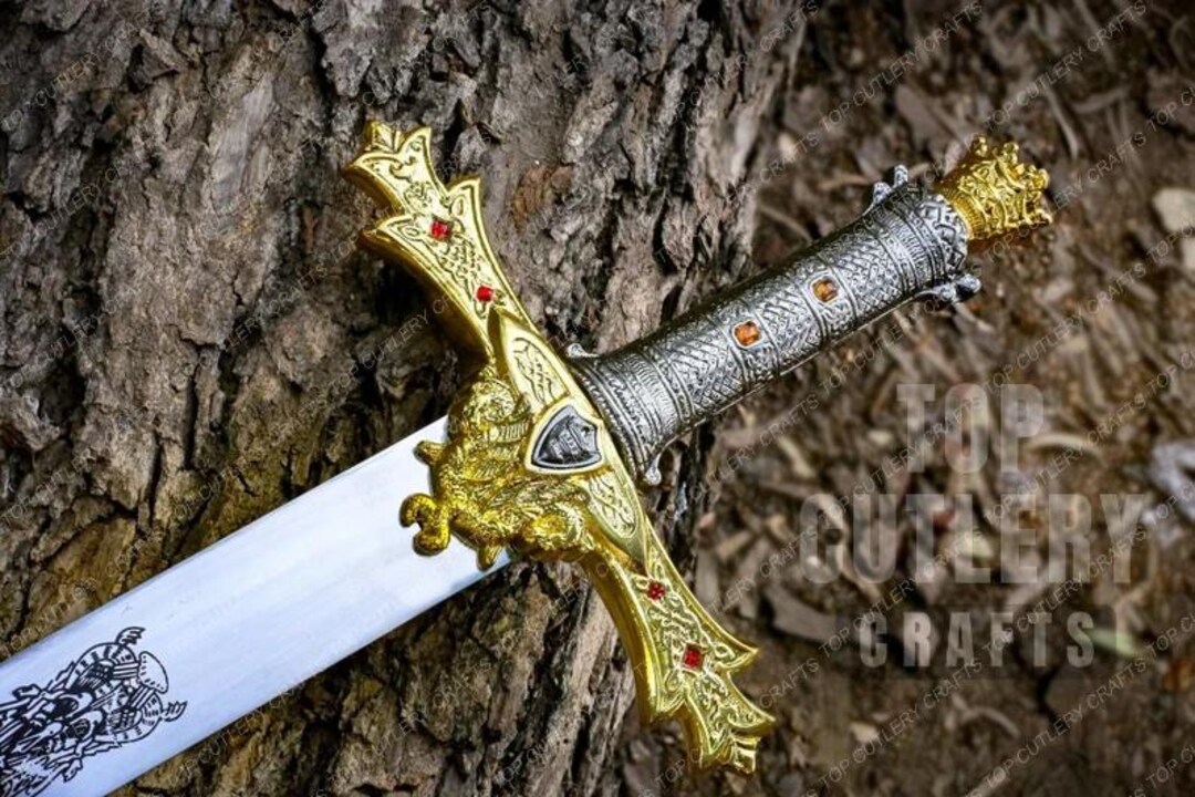 Handmade King Arthur Excalibur Sword , Crown Head Merlin Sword With ...