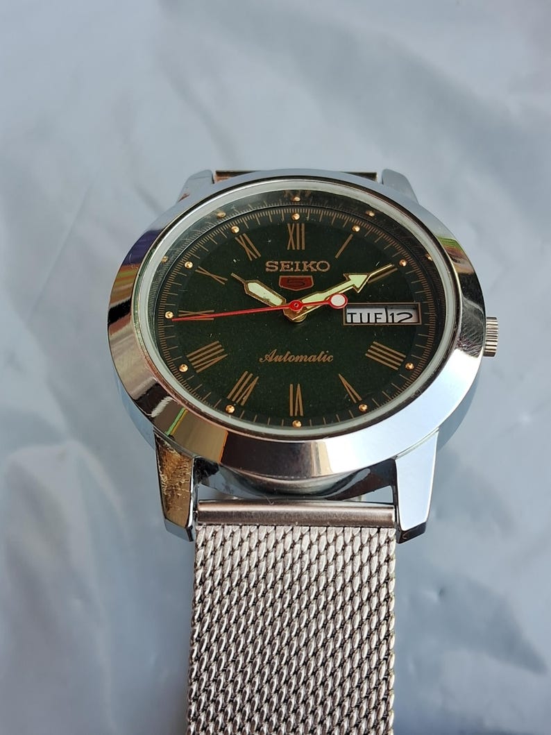 Vintage Seiko 5 Automatic Watch | Green Textured Dial, Bracelet Strap ...