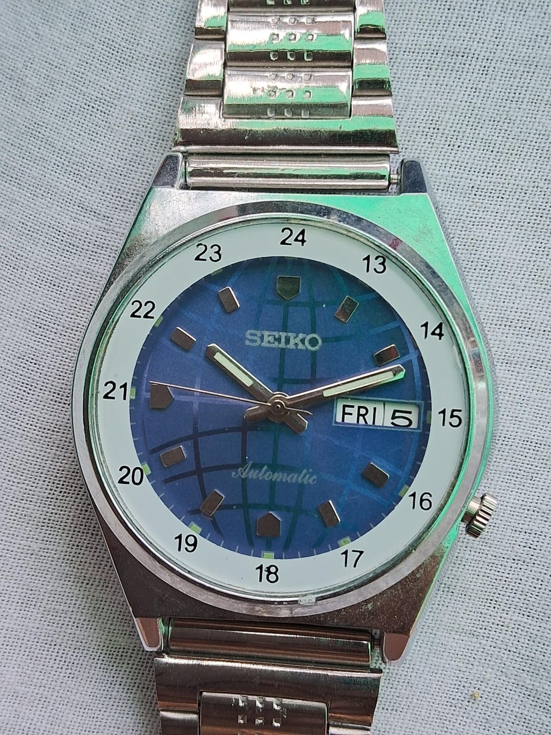 24-hour Blue Dial Seiko 5 Automatic Watch:stainless Steel - Etsy