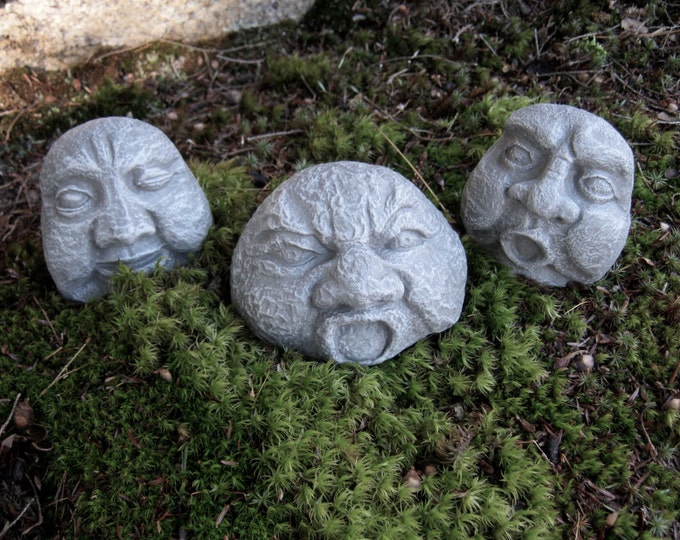 Rock Faces, Three Concrete Garden Rocks, Garden Decor, Pot Sitter ...