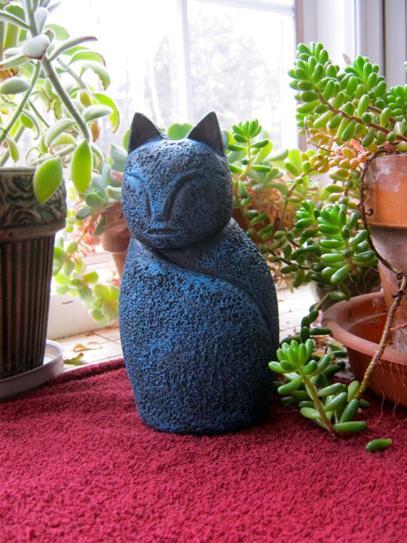 Cat Statue Contemporary Blue Painted Feline Cement Concrete - Etsy
