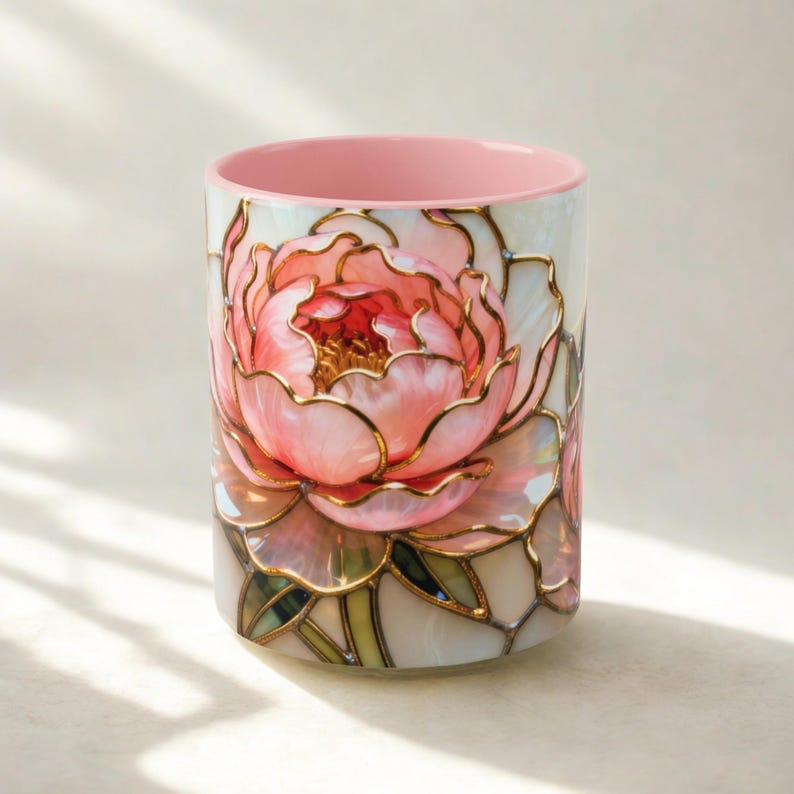 Pink Floral Mug Stained Glass Artistic Ceramic Flower Cup Elegant Tea ...