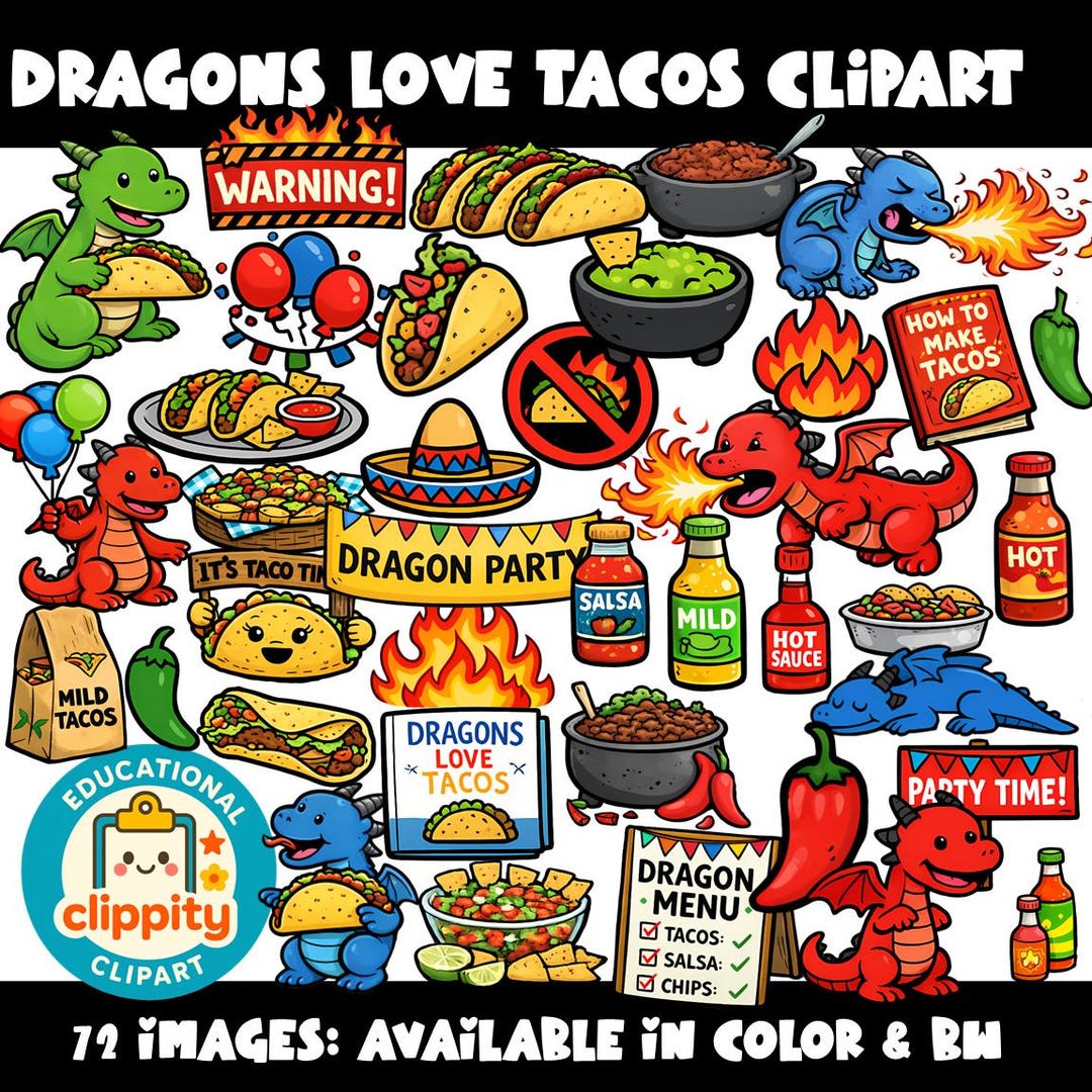 Dragons Love Tacos Clipart {by Clippity} - Taco and Dragon - Etsy