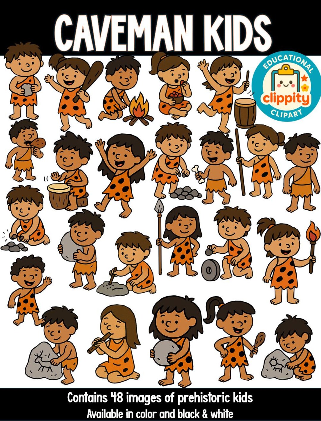 Caveman Kids Clipart - Prehistoric Dinosaur Clipart - Etsy