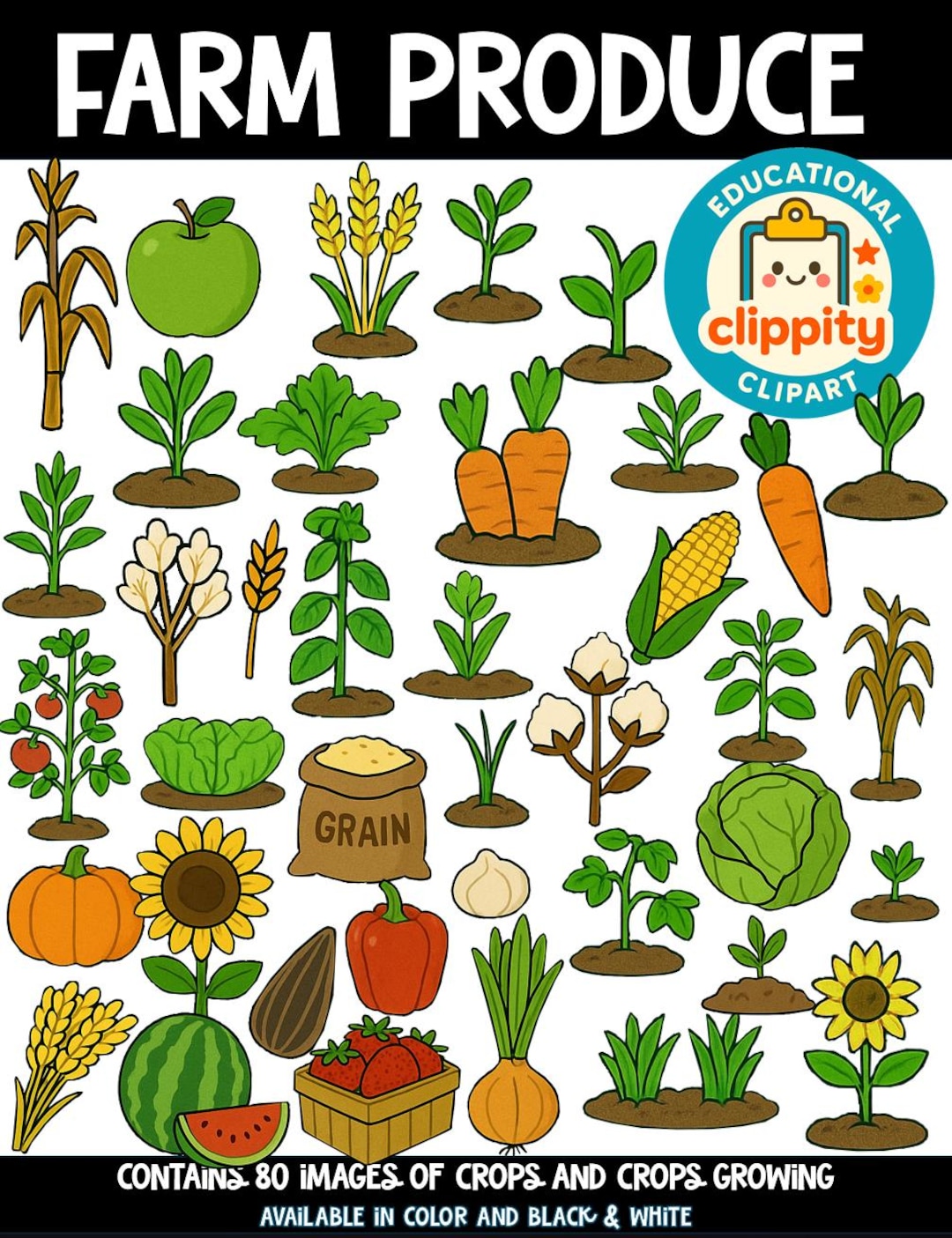 Farm Crops Clipart Bundle: Growing Plants, Vegetables (80 Images ...