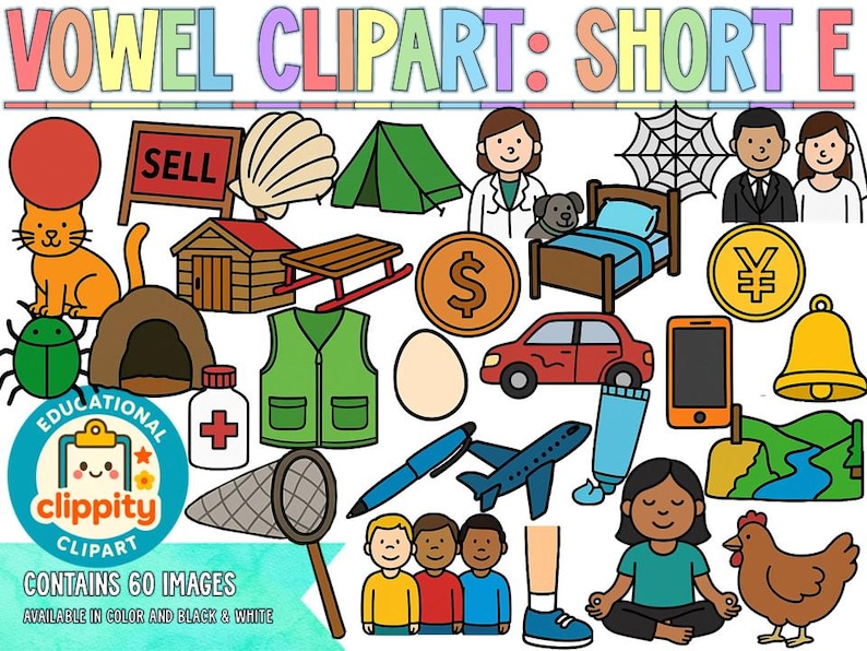 Short E Word Vowel Clipart - Short Vowel Clipart, Phonics Clipart - Etsy