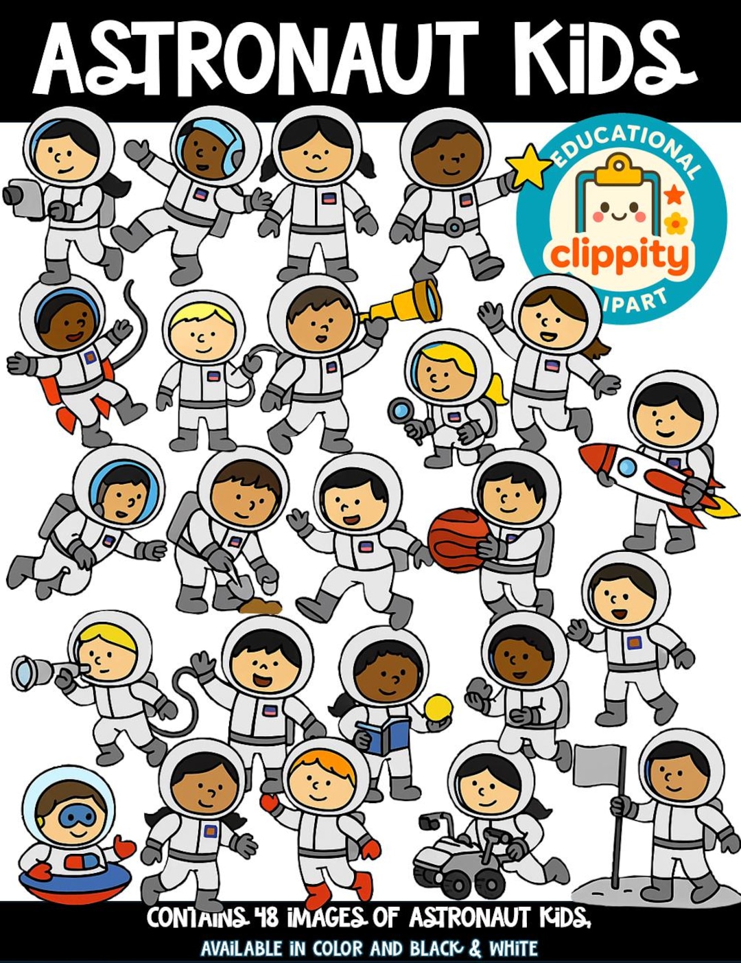 Astronaut Kids Clipart Bundle - Space Themed Educational Graphics - Etsy