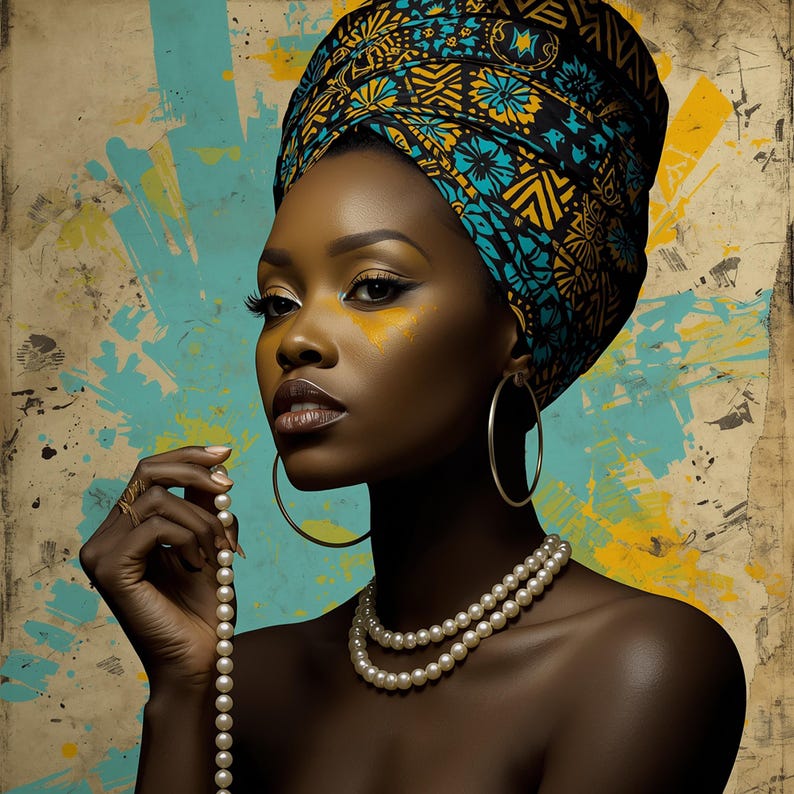 African Queen Portrait Print, Gold Turquoise Turban, Black Art Decor - Etsy