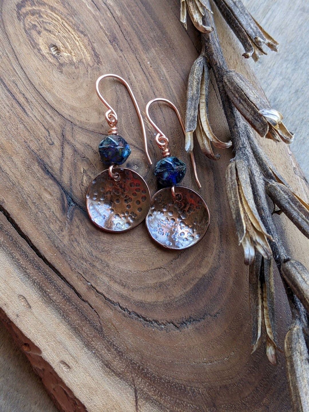 Stamped Copper Earrings 7th Anniversary Gift Bohemian Earrings Hand ...