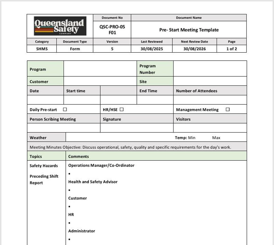 Pre-start Meeting Template (editable Word and PDF) - Etsy